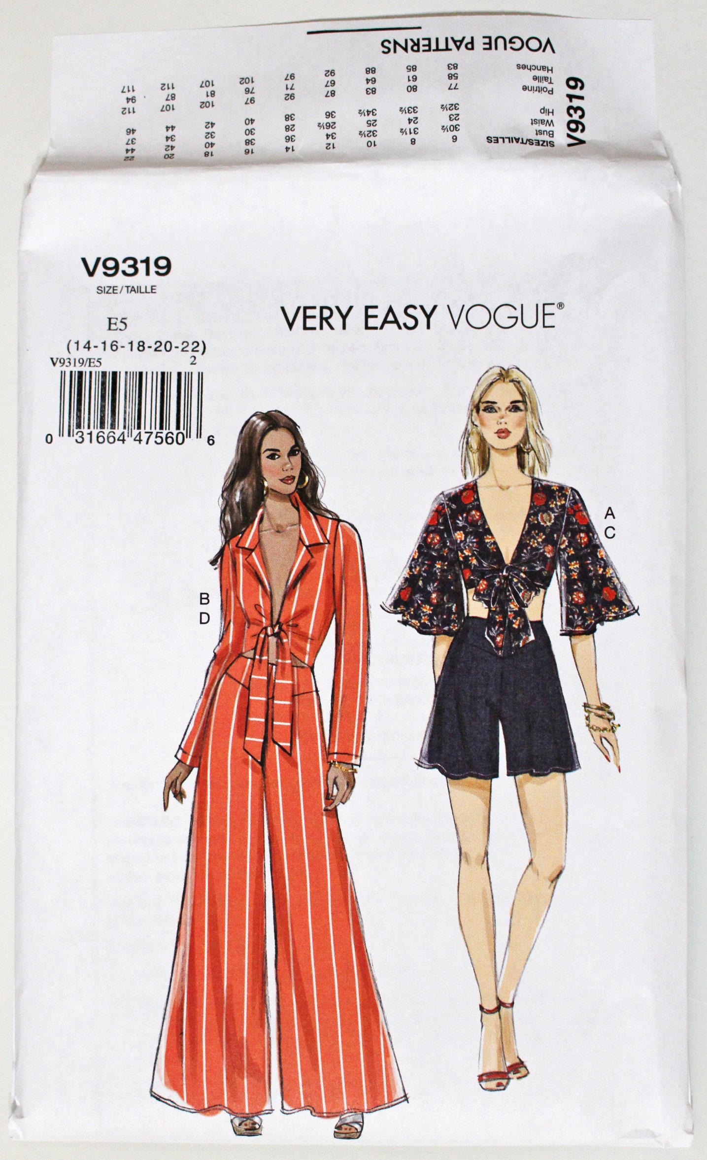 Vogue Sewing Pattern for Shorts & Pants and Tie-front Top - Vogue 9319 ...