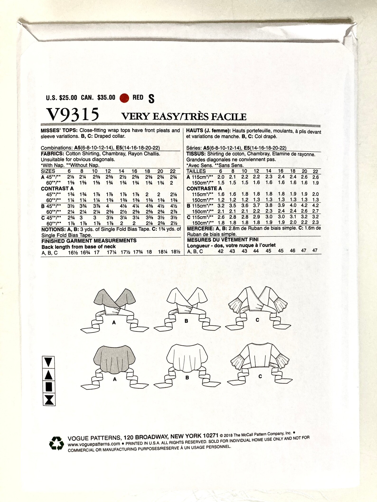 Vogue Sewing Pattern for Women's Top, Vogue 9315, Very Easy, Bust 36 to ...