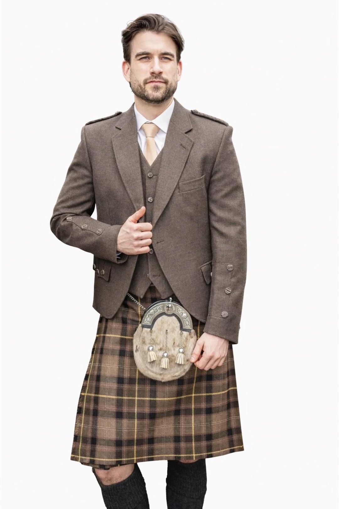 Men’s Brown Tweed Kilt Outfit Jackets Scottish Formal Wear Traditional ...