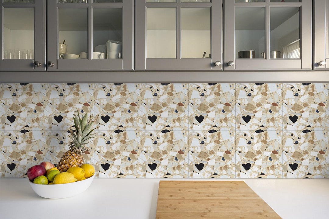Terrazzo Stone Tile Sticker, Beige Do It Yourself, Black Tile Decals ...
