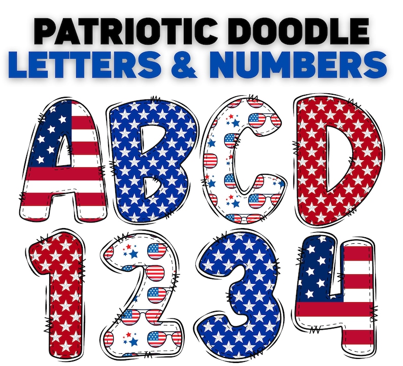Patriotic Doodle Alphabet PNG Bundle: 4th of July Flag Letters (digital ...