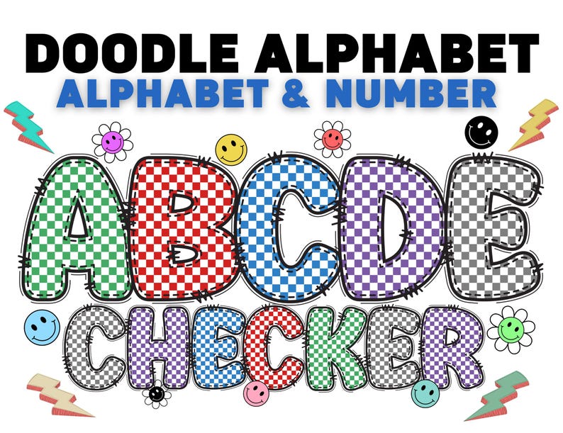 Checker Doodle Alphabet Bundle, Checker Retro Font Letters & Clipart ...