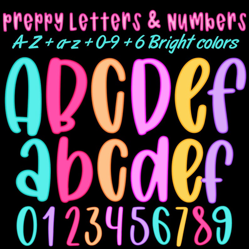 Preppy Letters and Numbers PNG Bundle, Bright Doodle Alphabet ...