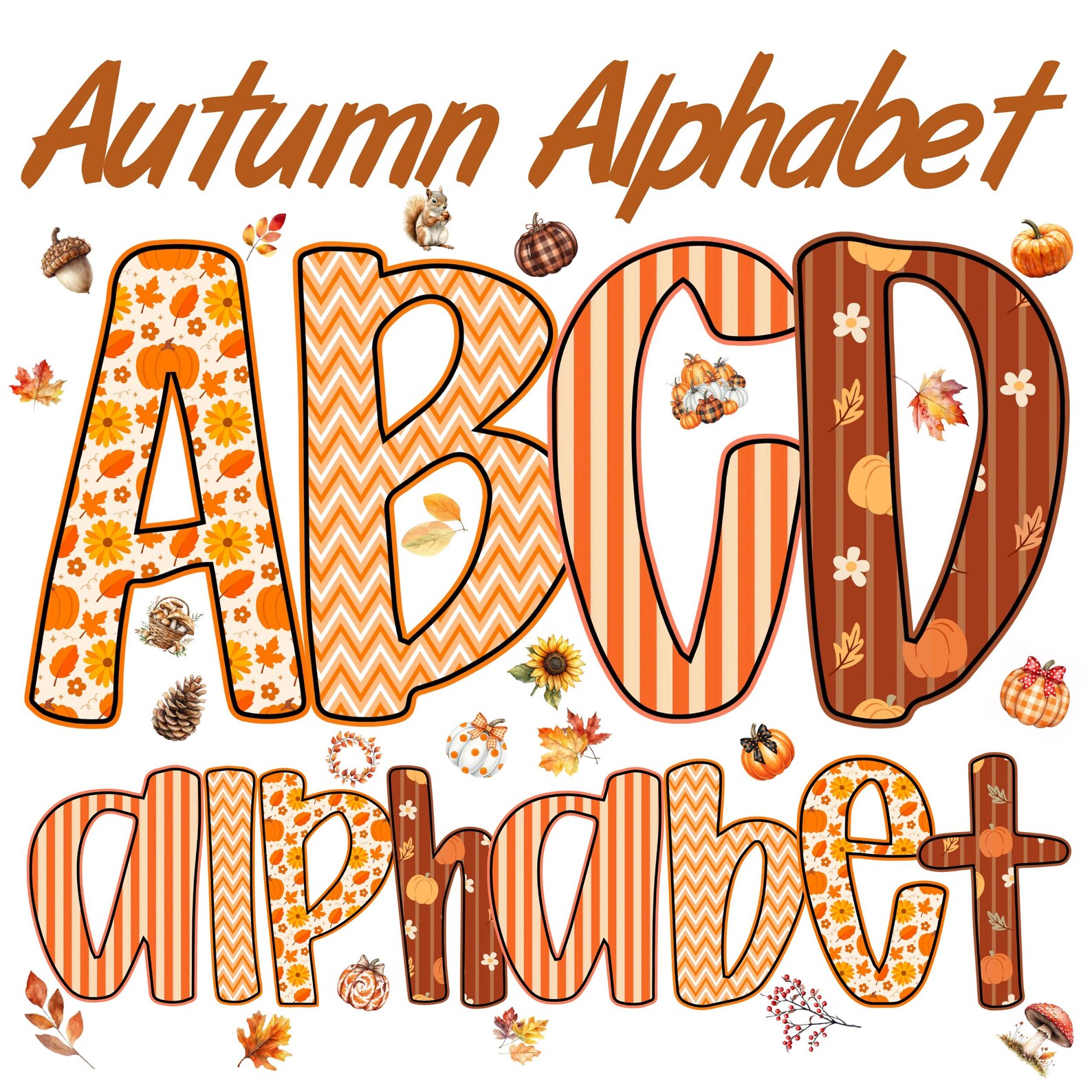 Preppy Fall Floral Autumn Alphabet Png, Retro Fall Autumn Png, Pumpkin ...