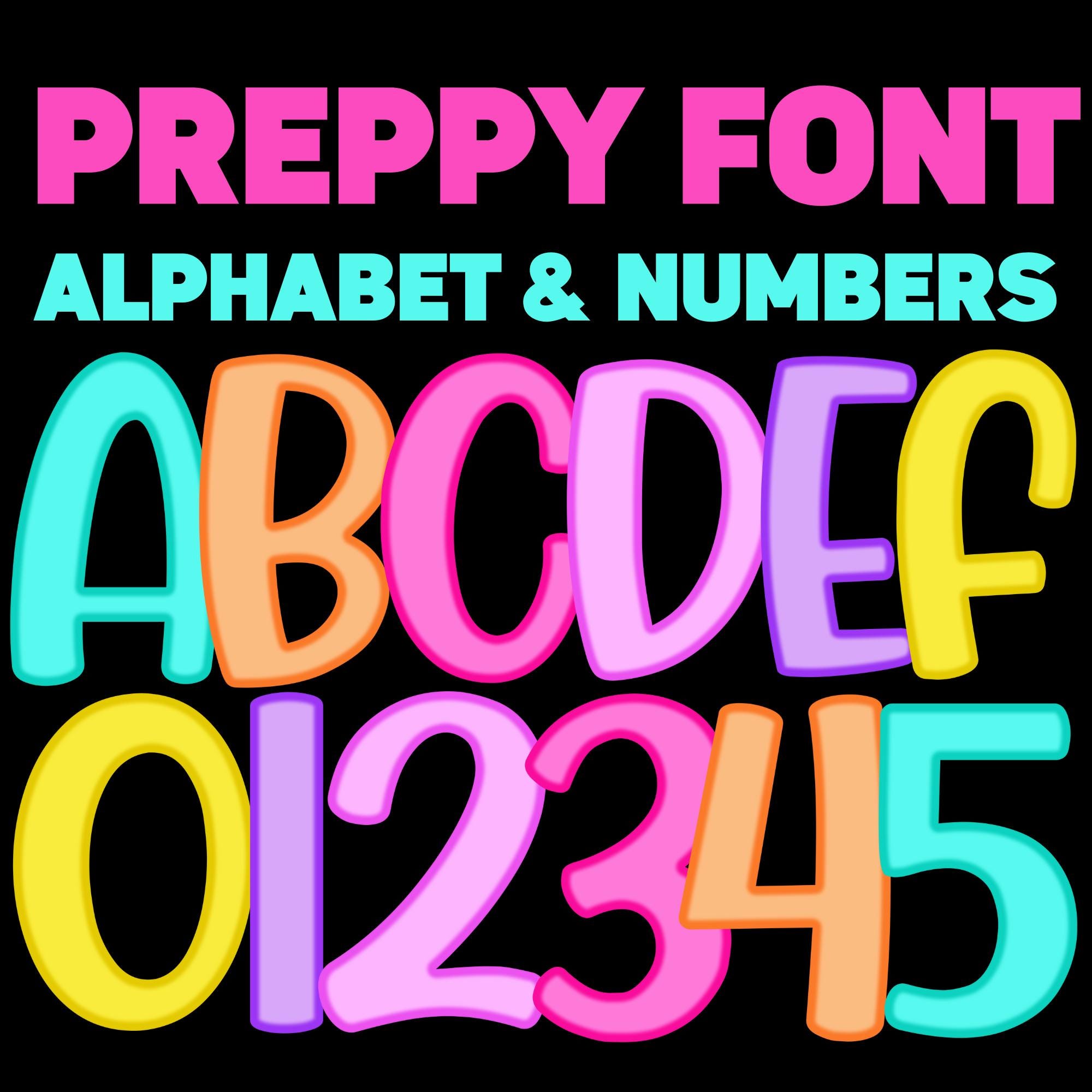 Neon Preppy Letters and Numbers PNG Bundle, Bright Doodle Alphabet ...