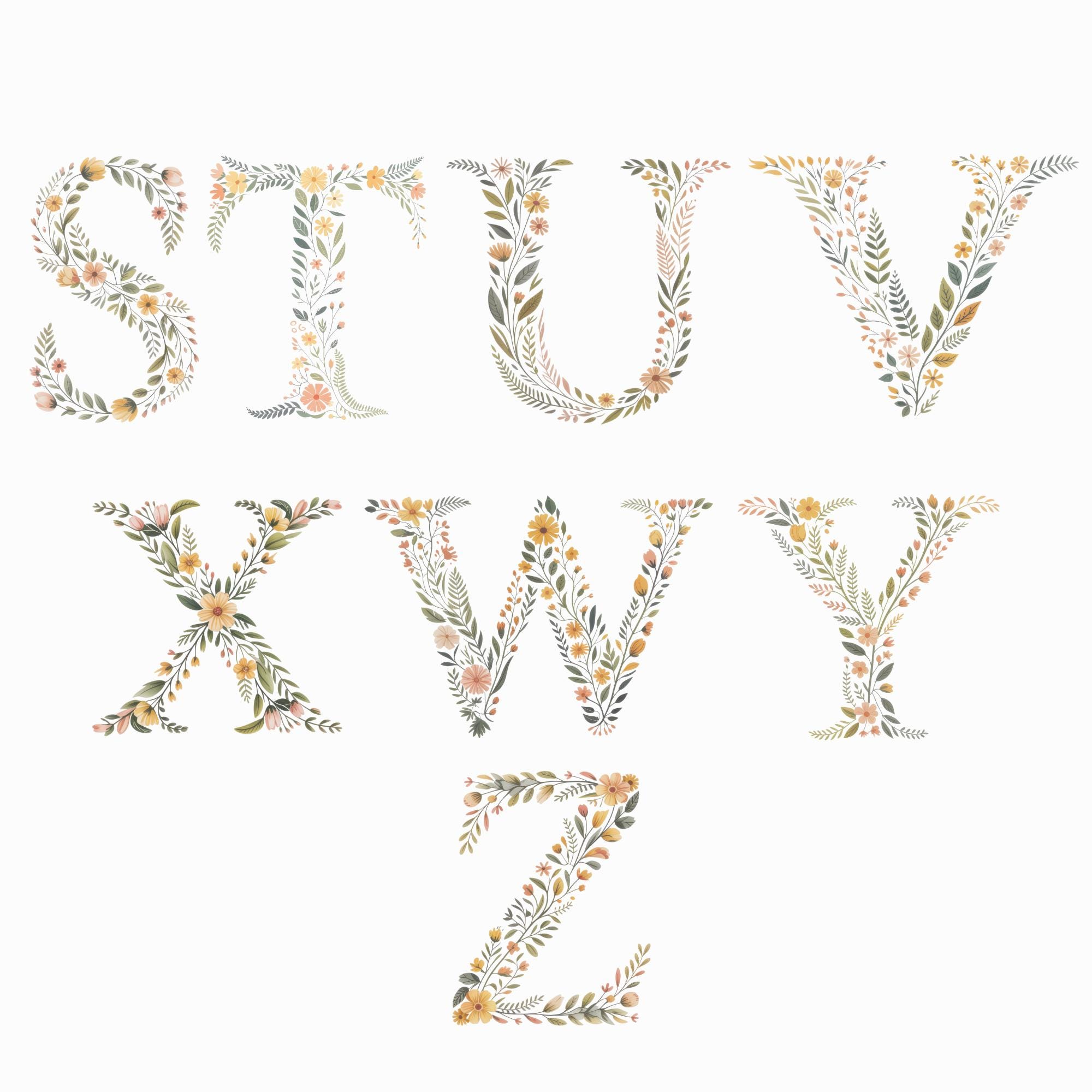 Floral Alphabet Clipart Set: Spring Flower Letters PNG (digital ...