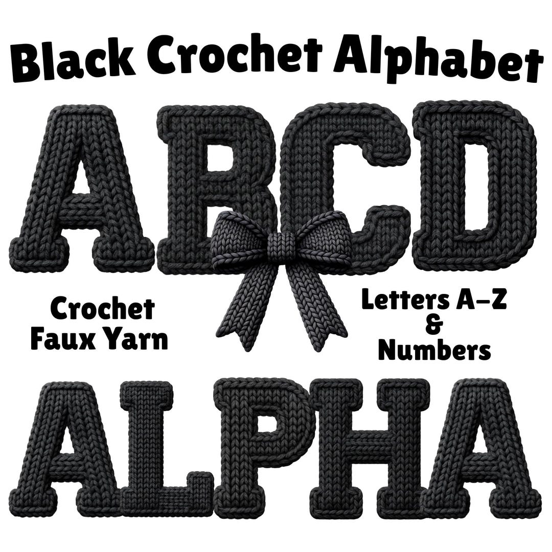 Black Crochet Alphabet PNG Bundle, Knitted Yarn Letters and Numbers ...