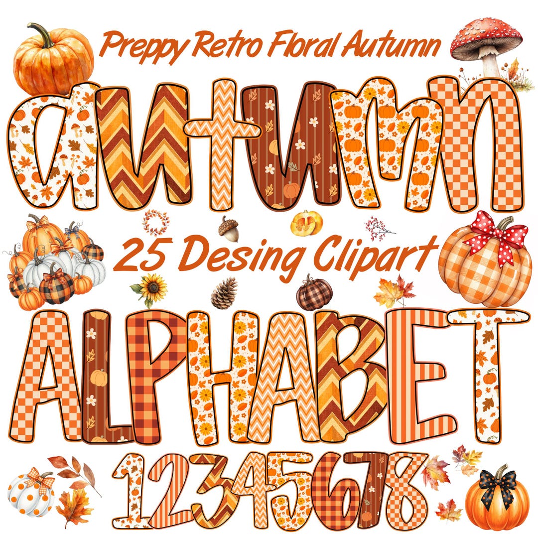 Preppy Retro Floral Autumn Alphabet Png, Floral Alphabet Png, Retro ...