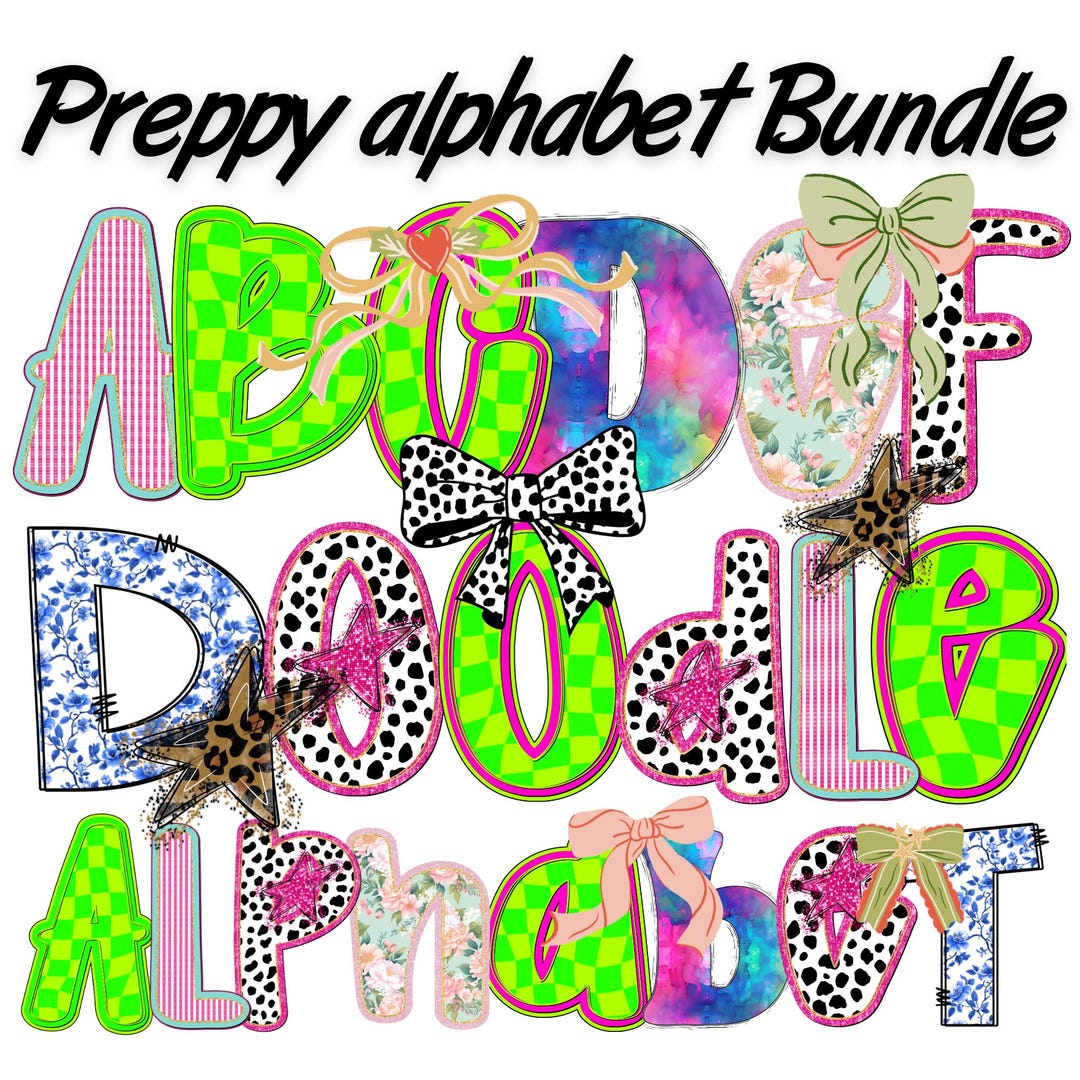 Preppy Doodle Alphabet Bundle PNG, Coquette Bow Letters, Neon Checkered ...