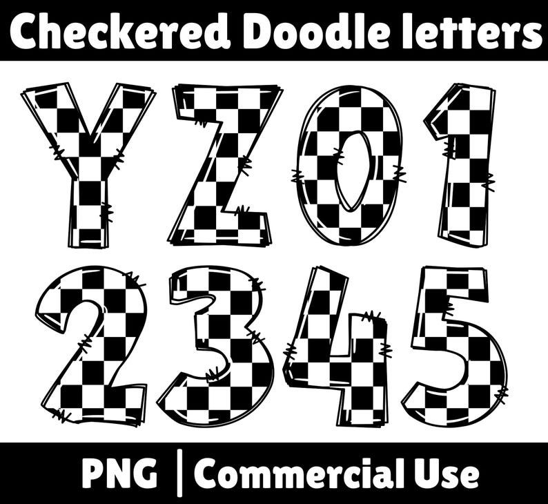 Checkered Doodle Alphabet PNG, Checkered Alphabet, Checkered Numbers ...