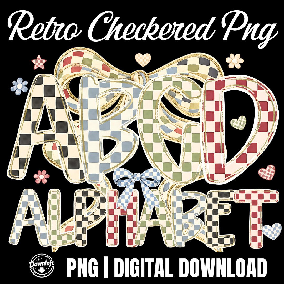 Preppy Checkered Alphabet PNG, Gold Bow, Doodle Letters (digital ...