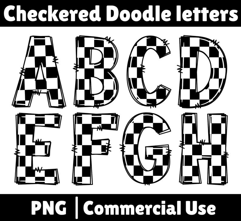 Checkered Doodle Alphabet PNG, Checkered Alphabet, Checkered Numbers ...