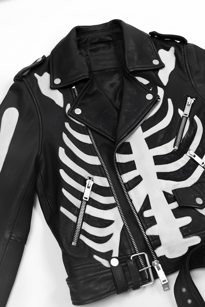Handmade Skeleton Leather Jacket, Skeleton Motorcycle Jacket, Black Biker Jacket, Cafe Racer ...