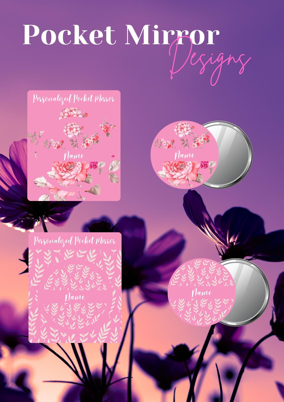 Floral Pocket Mirror Design Templates | 58mm, Editable (digital ...