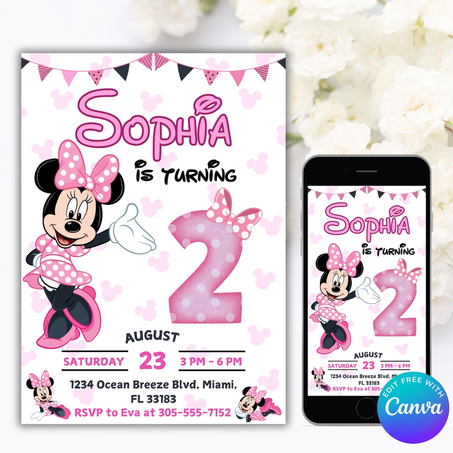 Editable Pink Minnie Mouse Invitation, Minnie Mouse Birthday Invite ...