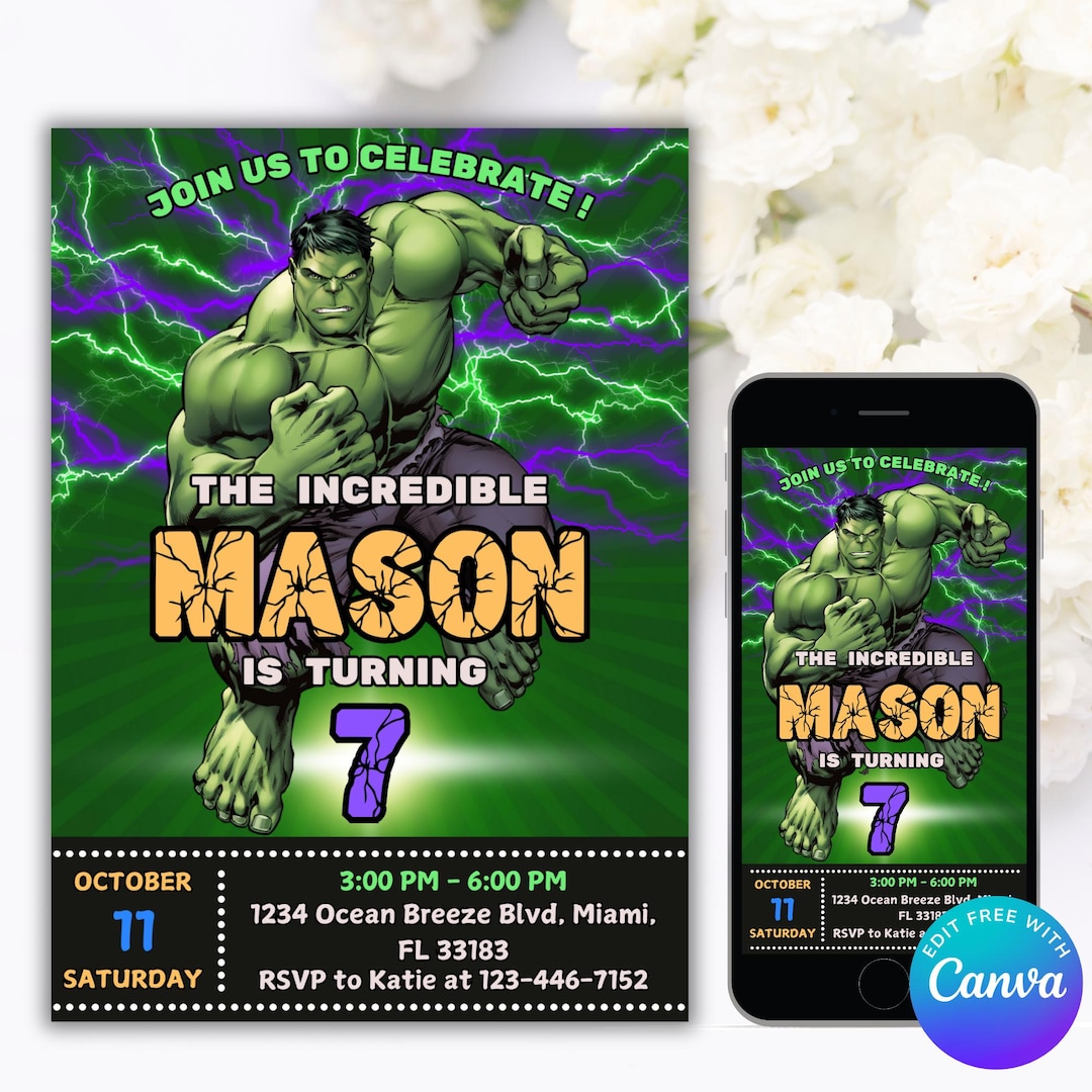 Editable Hulk Invitation, Super Heroes Birthday Invitation, Hulk ...