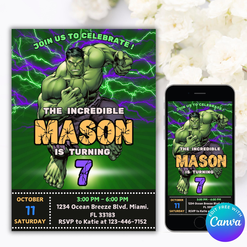 Editable Hulk Invitation, Super Heroes Birthday Invitation, Hulk ...
