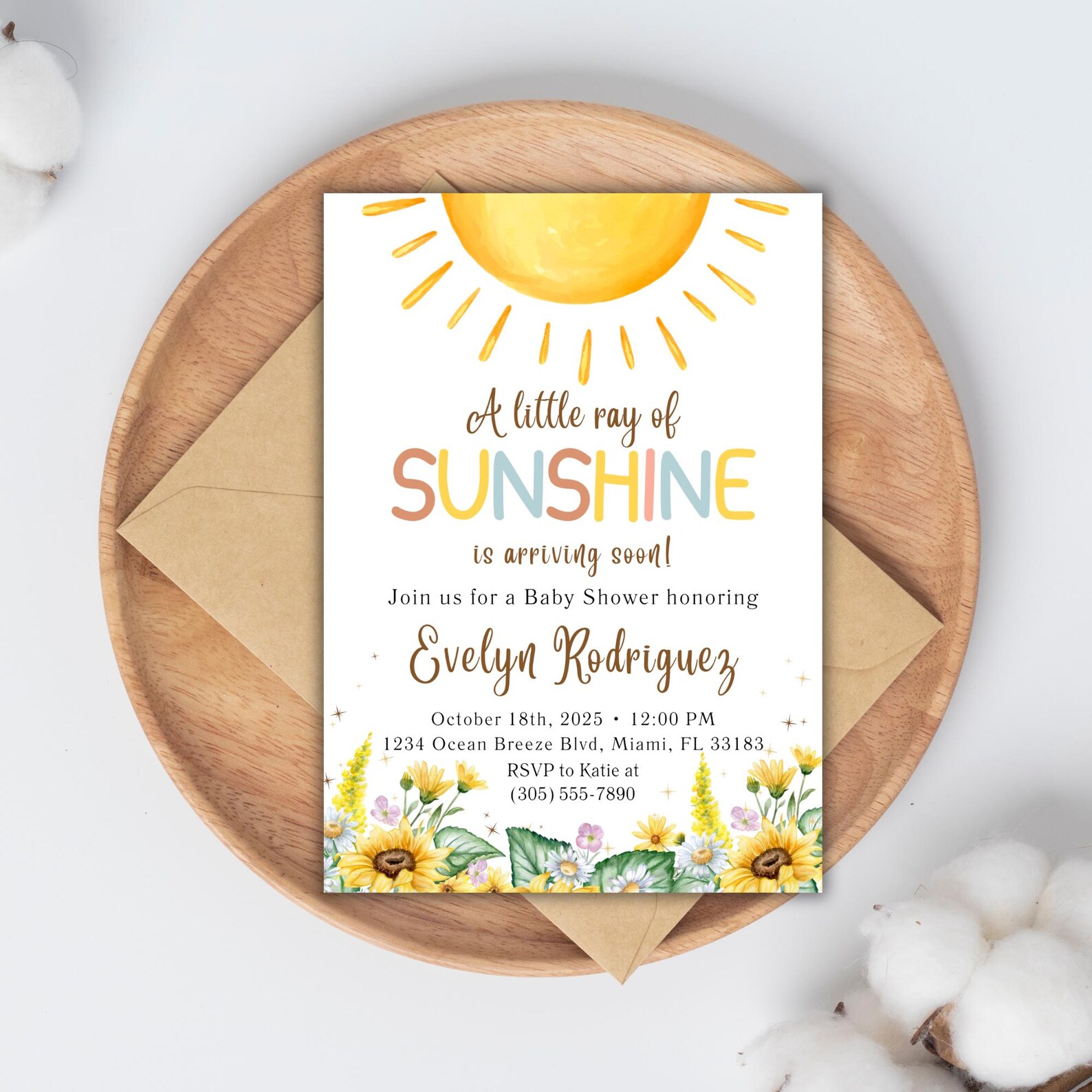 Editable Sunshine Baby Shower Invitation, Ray of Sunshine Baby Shower ...