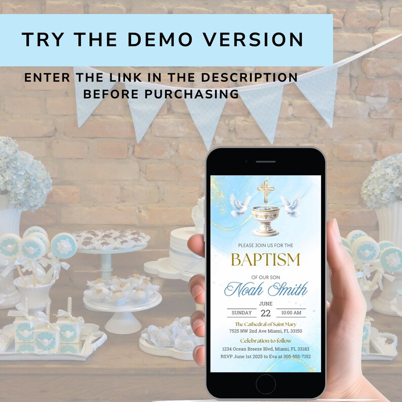 Editable Baptism Invitation, Boy Baptism Invitation Phone, Invite Boys Baptism, Baptism ...