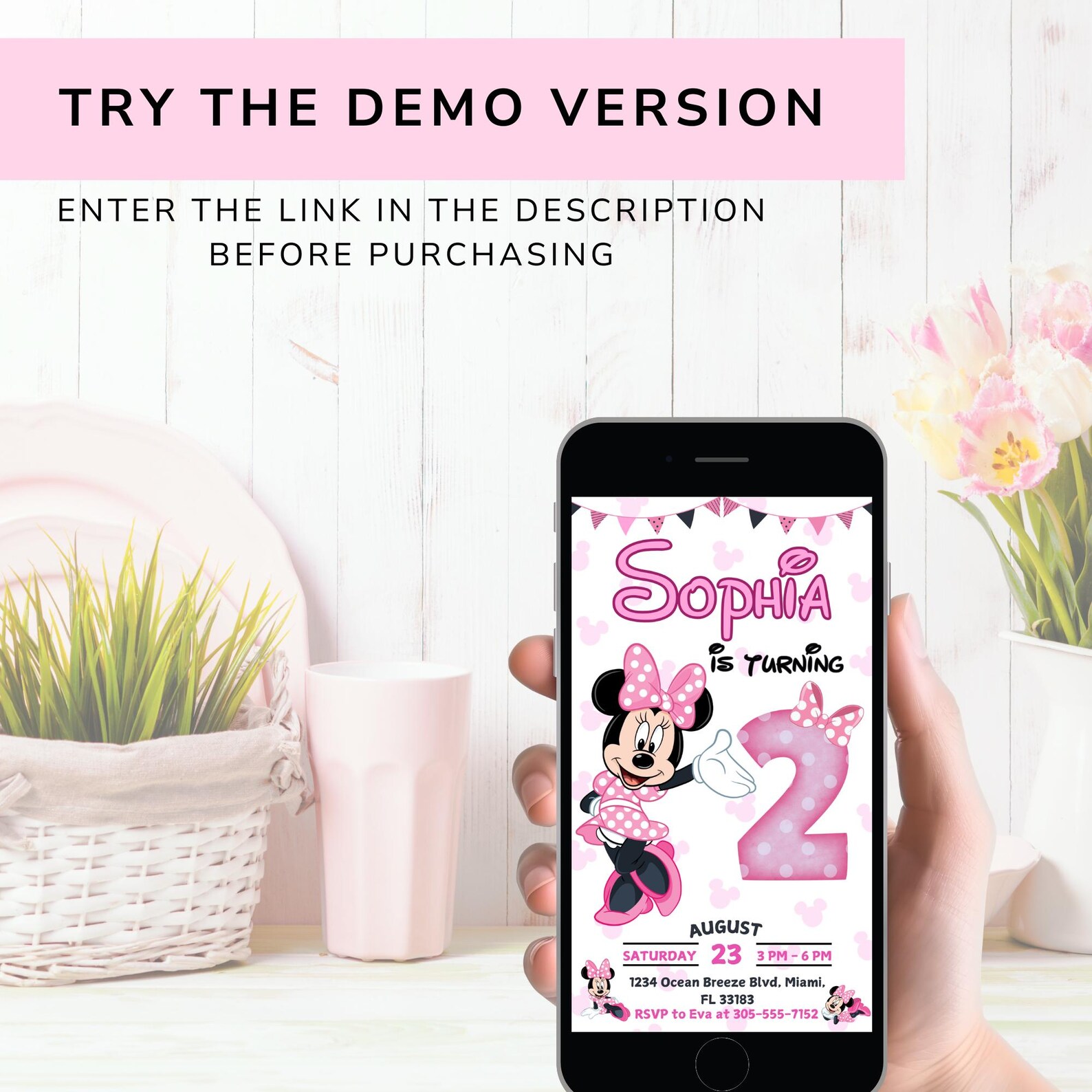 Editable Pink Minnie Mouse Invitation, Minnie Mouse Birthday Invite ...