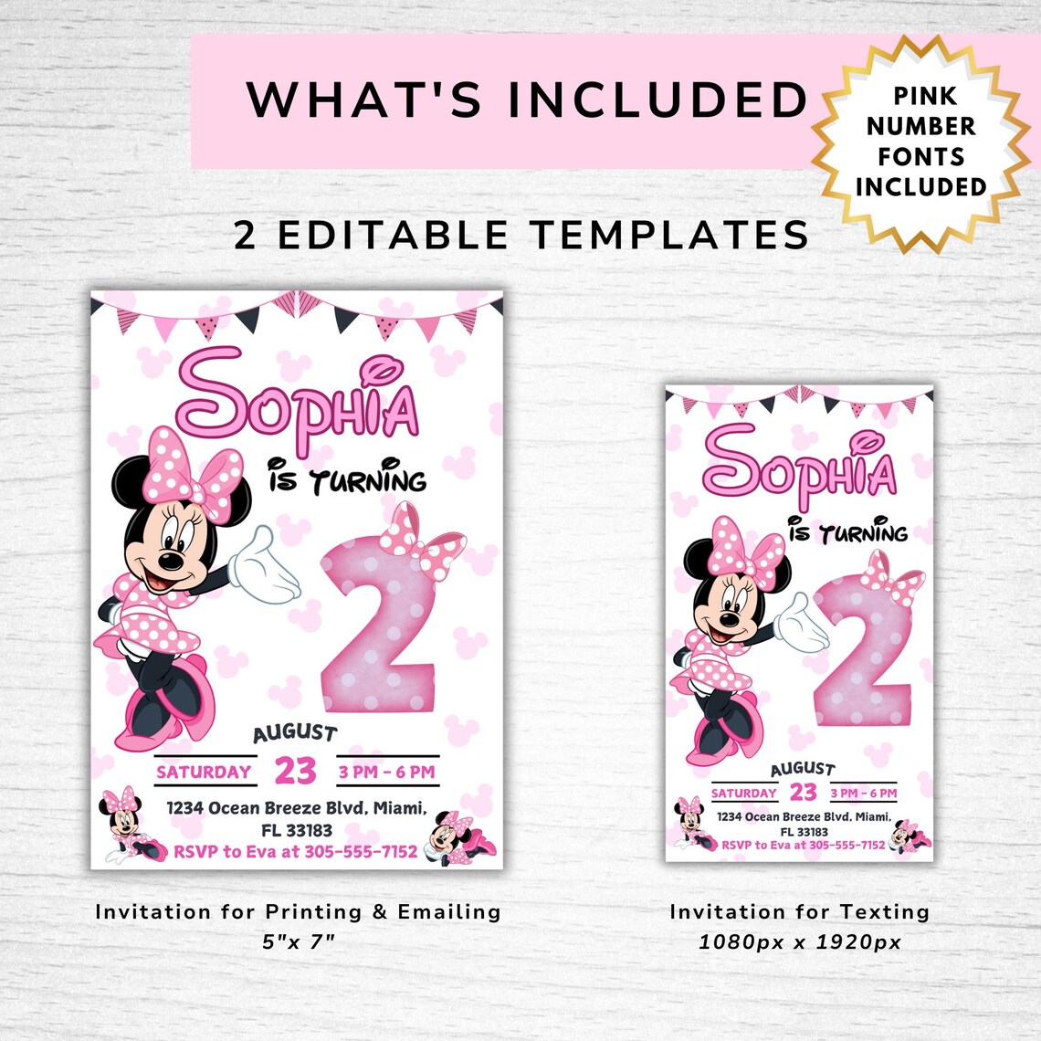 Editable Pink Minnie Mouse Invitation, Minnie Mouse Birthday Invite ...