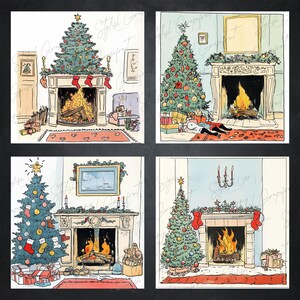 20 Cozy Christmas Fireplace Scenes – Hand-drawn Holiday Illustrations ...