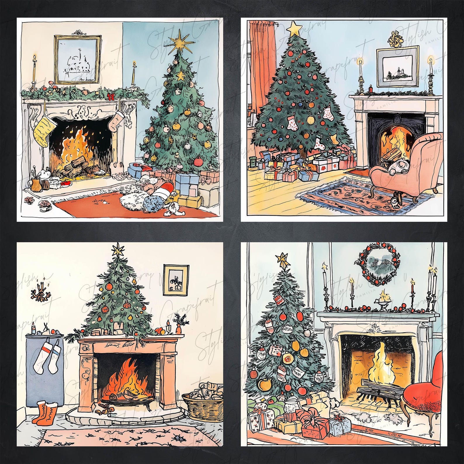 20 Cozy Christmas Fireplace Scenes – Hand-drawn Holiday Illustrations ...