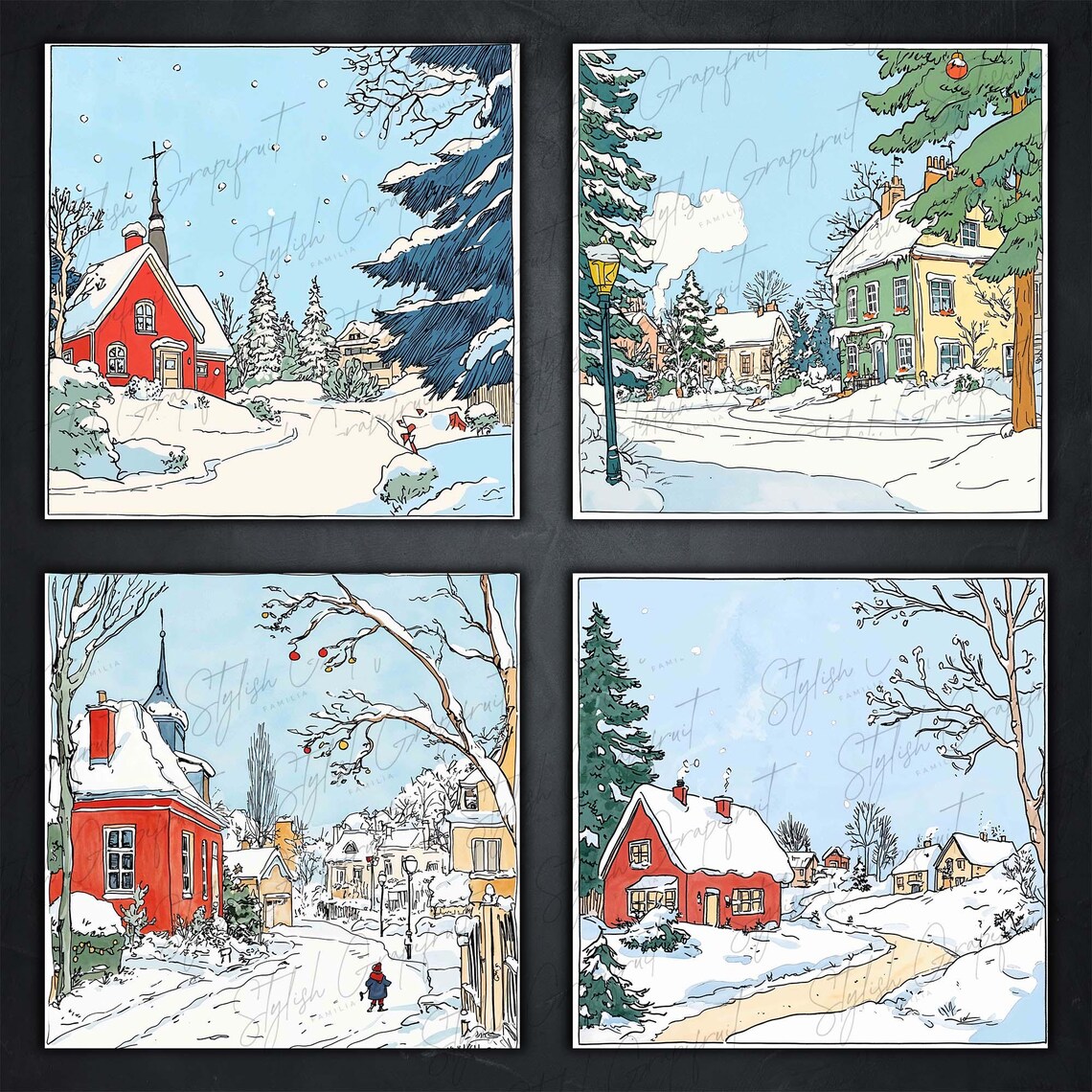 Cozy Winter Village Clipart Set – 20 Hand-drawn Snowy Houses, Christmas ...