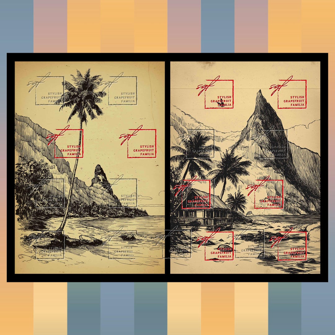 American Samoa National Park Sketch Set, Vintage Ink Drawings, Hand ...