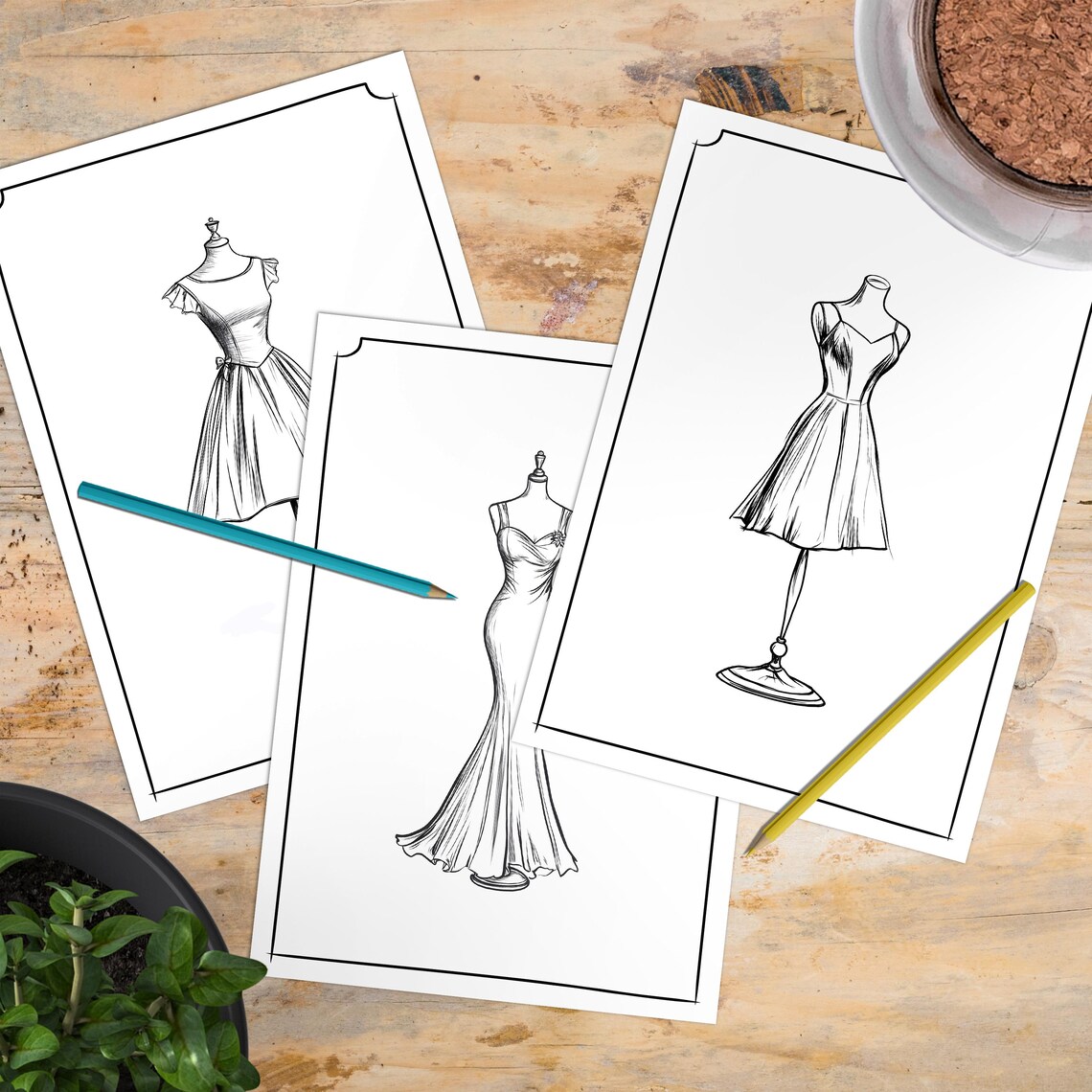 Elegant Dresses Coloring Pages – Digital Fashion Sketches Download Sett ...