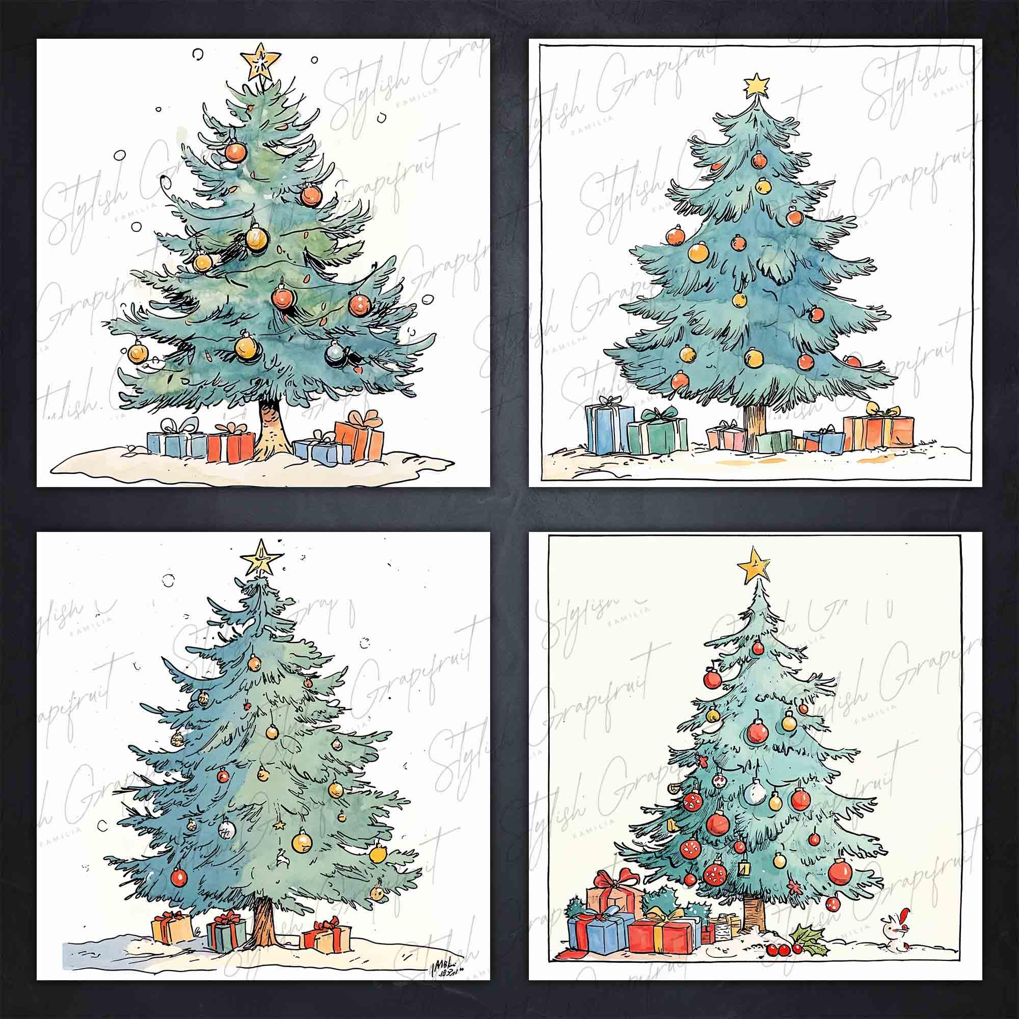20 Vintage Watercolor Christmas Tree Clipart Set – 20 Hand-drawn ...