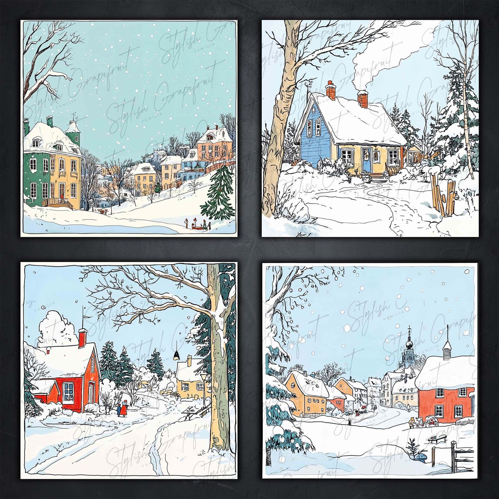 Cozy Winter Village Clipart Set – 20 Hand-drawn Snowy Houses, Christmas ...
