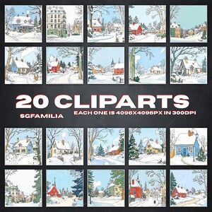 Cozy Winter Village Clipart Set – 20 Hand-drawn Snowy Houses, Christmas ...