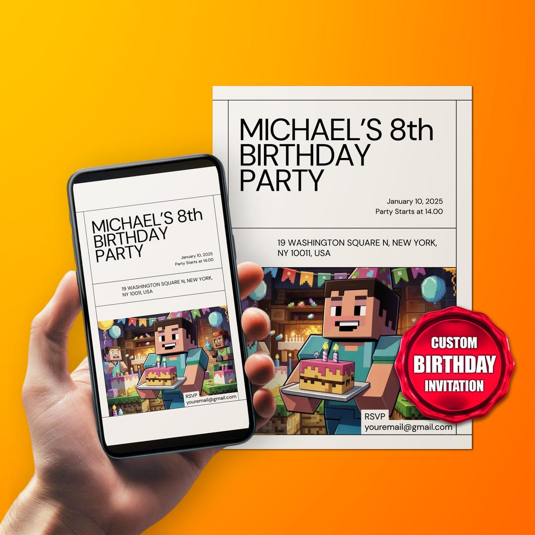 Pixel World Birthday Party Invitation, Pixel Miner Block Birthday ...