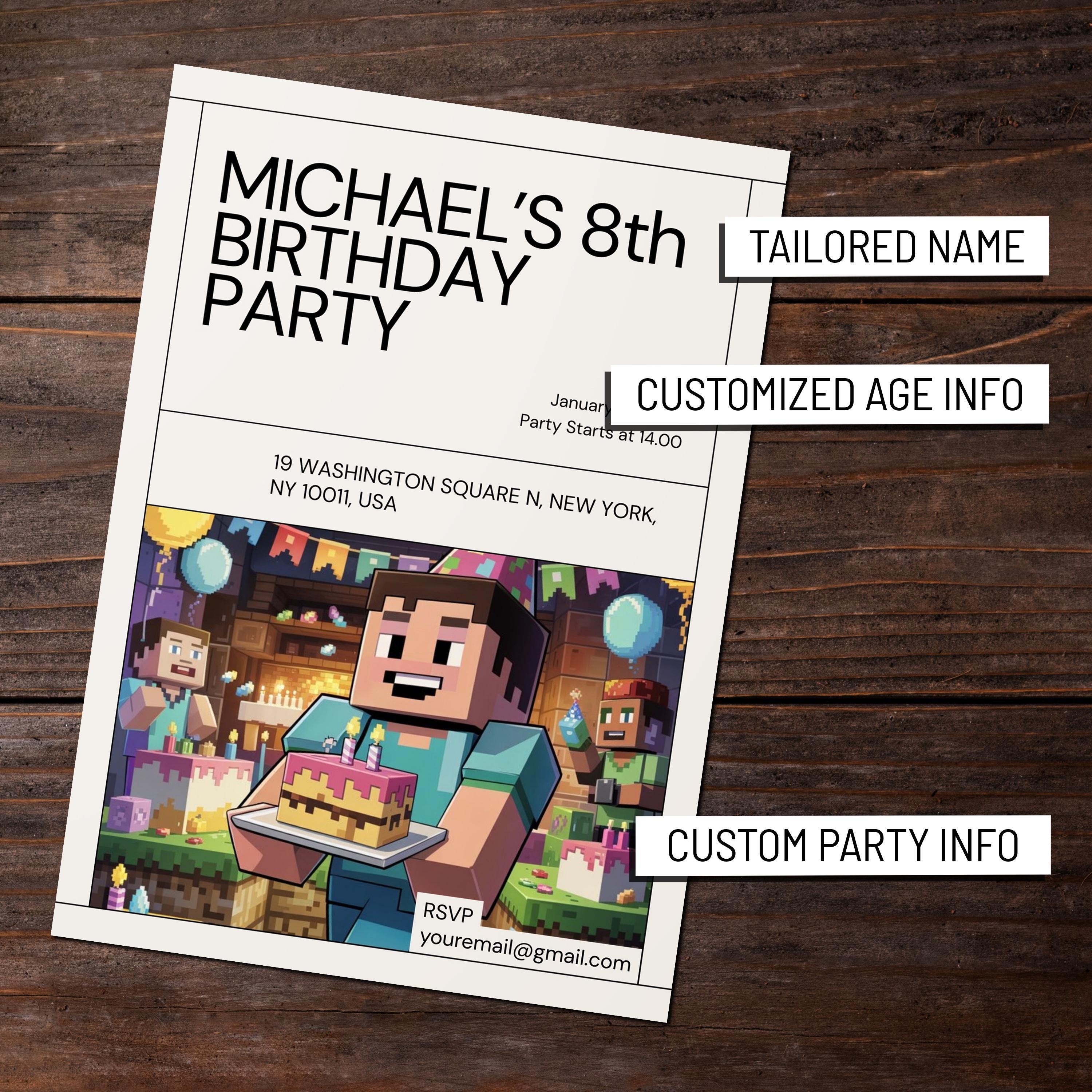 Pixel World Birthday Party Invitation, Pixel Miner Block Birthday ...