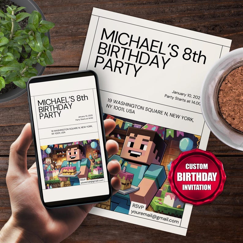 Pixel World Birthday Party Invitation, Pixel Miner Block Birthday ...