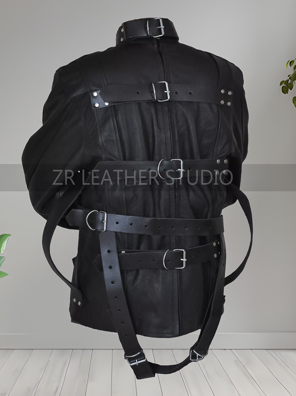 Real Black Cow Leather Straight Jacket Heavy Duty Leather Straitjacket