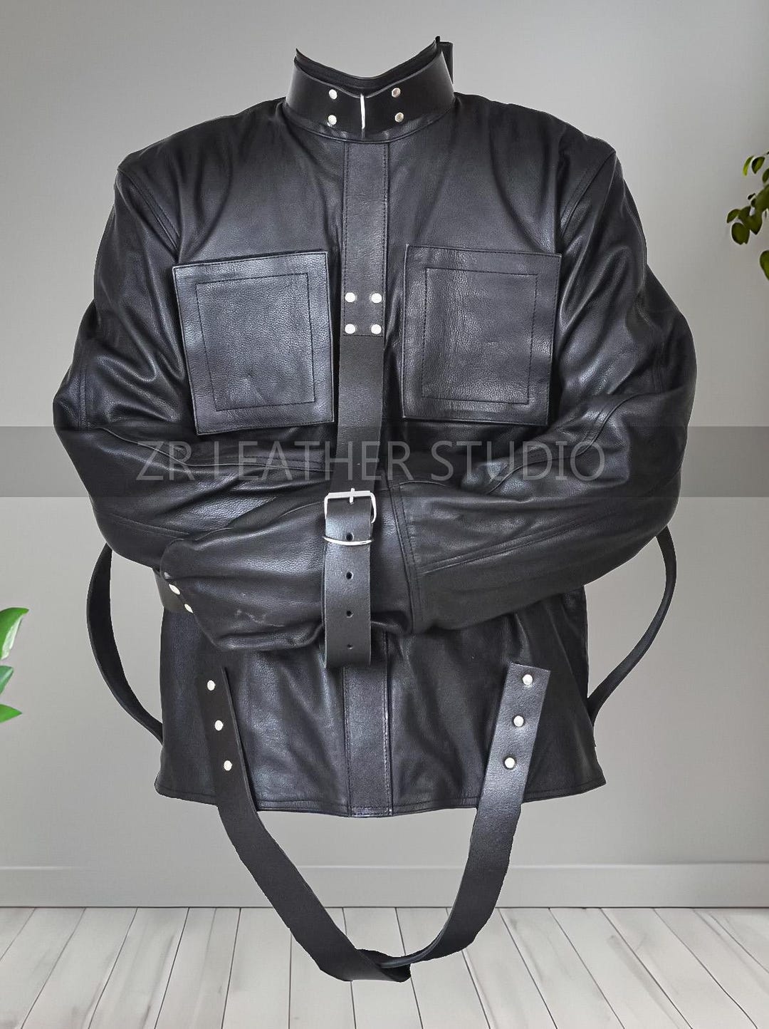 Real Black Cow Leather Straight Jacket Heavy Duty Leather Straitjacket ...