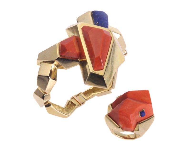 Vintage Seventies Pop-art Matching Set Gold Bracelet and Ring With ...