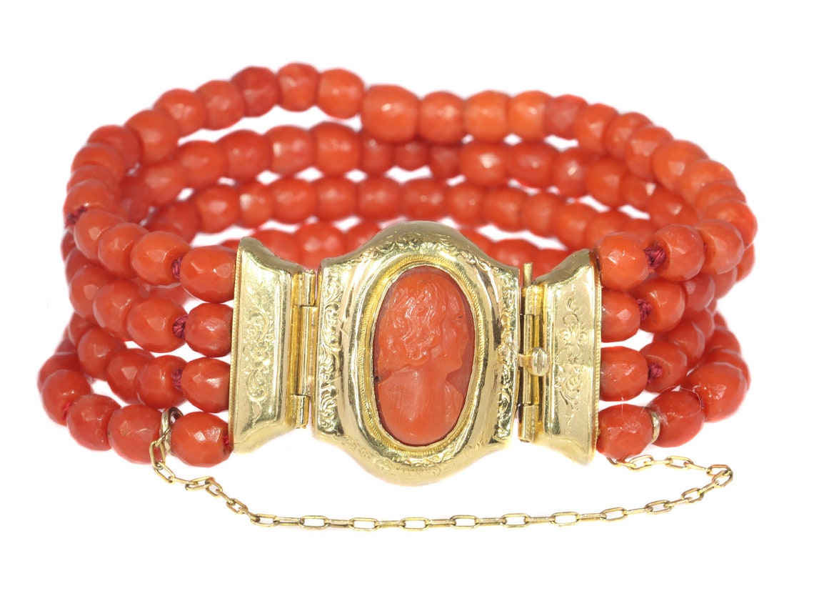 Antique Four String Coral Bracelet With Coral Cameo in 18K - Etsy