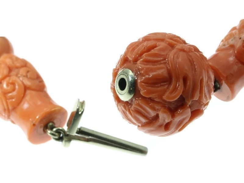 Engraved Coral Beaded Bracelet 18k White Gold With 4 Strands and Black ...