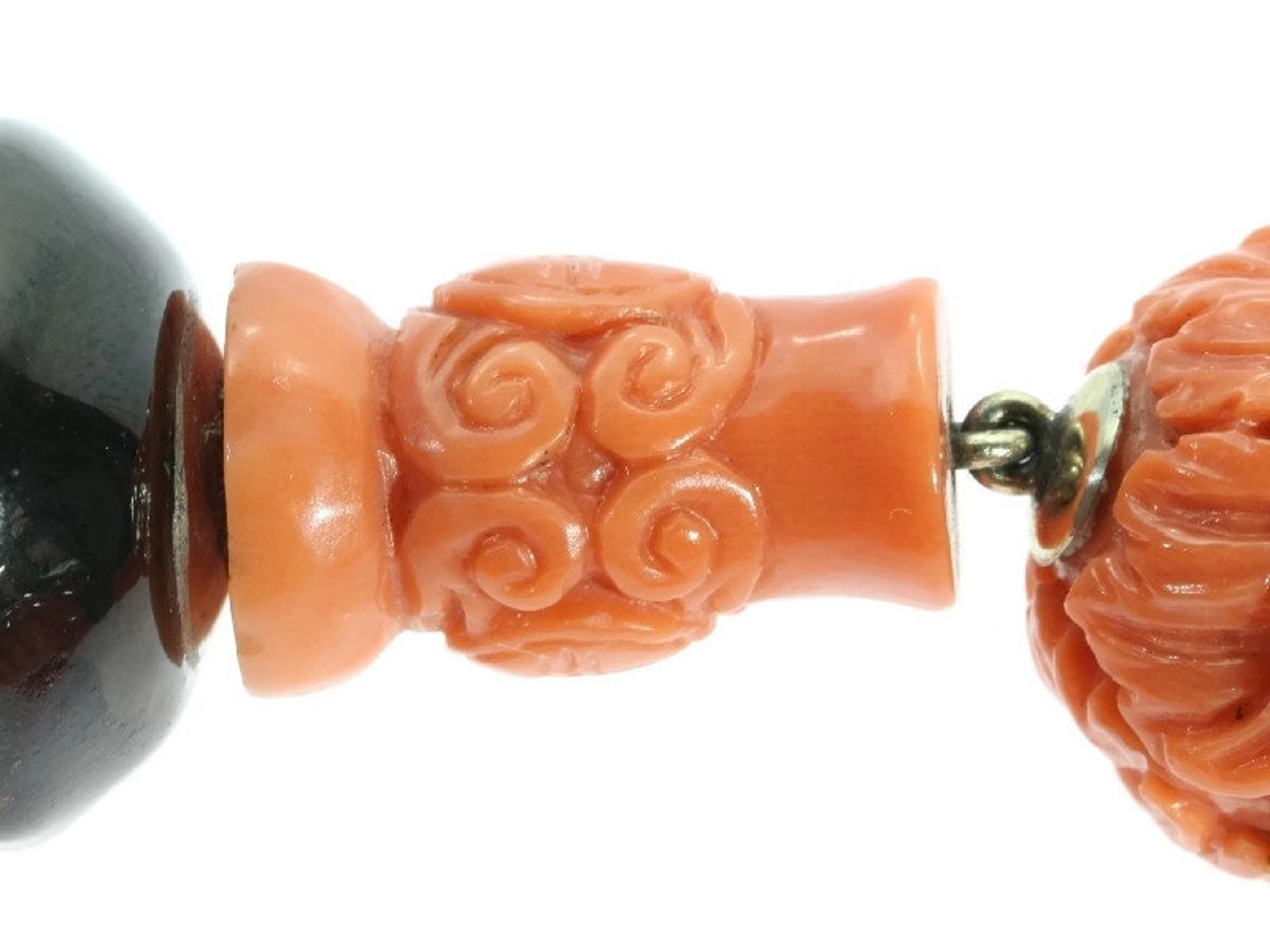 Engraved Coral Beaded Bracelet 18k White Gold With 4 Strands and Black ...