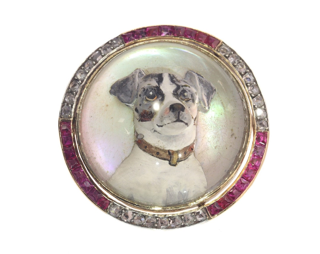 Gold Diamond Hunting Brooch English Crystal With Picture of Jack Russel ...