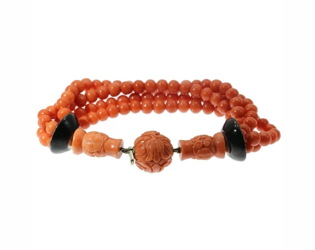 Engraved Coral Beaded Bracelet 18k White Gold With 4 Strands and Black ...