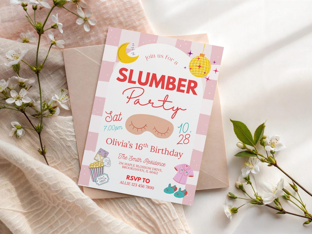 Girls Slumber Party 16th Birthday Invite, Sleepover Invitation, Sweet ...