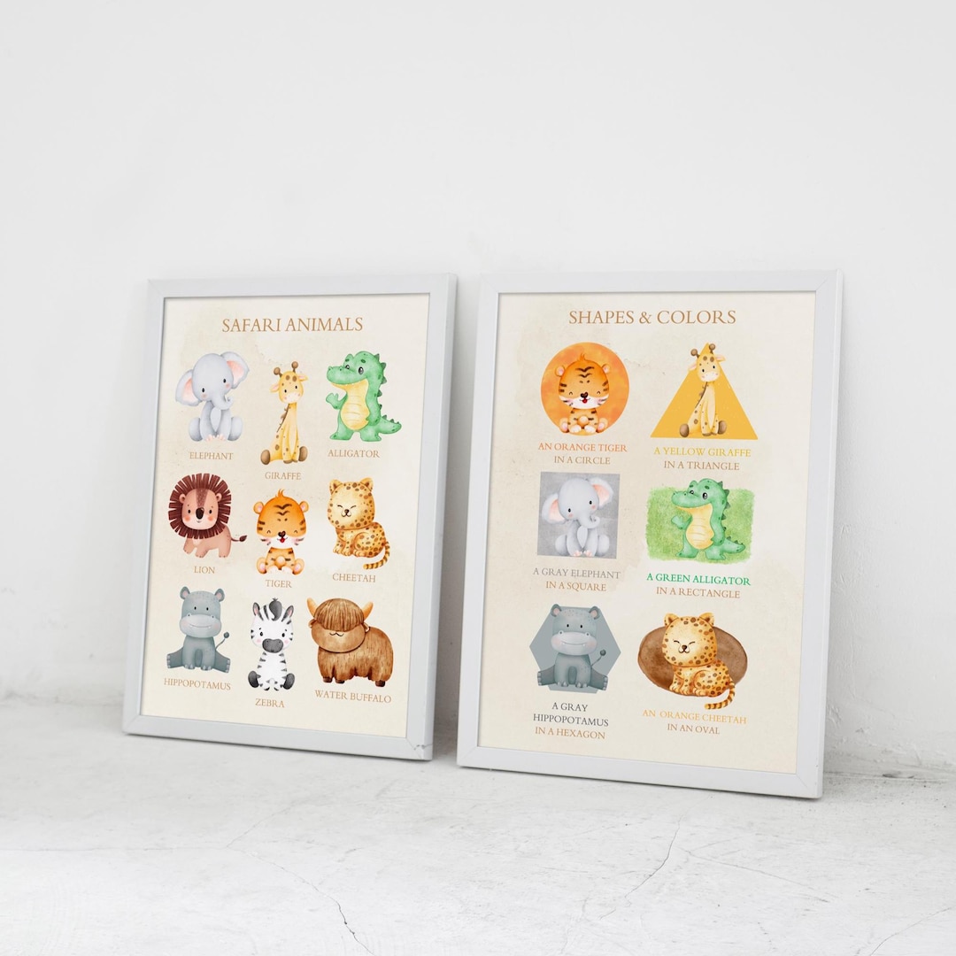 Safari Animals & Shapes Poster Set: Watercolor Nursery Art (digital ...