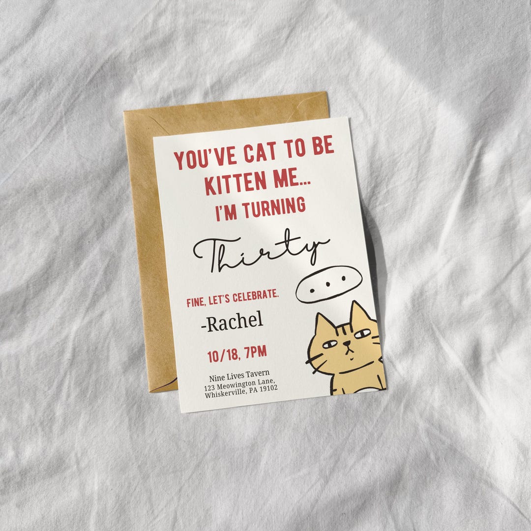 Funny Kitten 30th Birthday Invitation, Cheers to 30 Years, Cat Theme ...