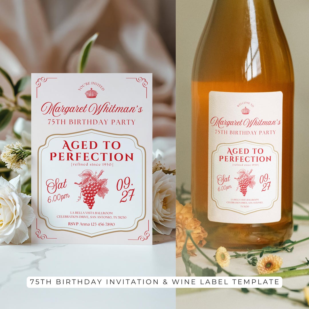 75th Birthday Invitation & Wine Label Template: Vintage Vineyard Design ...