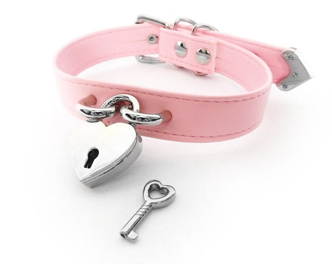 Pink Faux Leather Heart Padlock Choker, Pink Heart Lock Choker, Pink ...