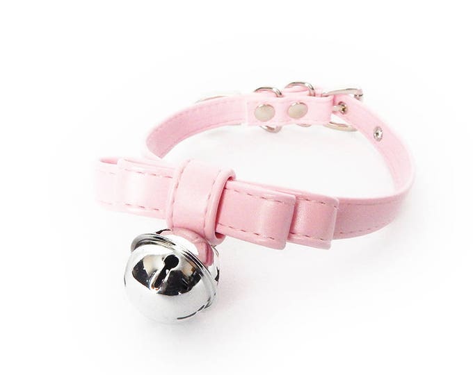 Pink Faux Leather Bow and Bell Choker Pink Kitten Bell | Etsy